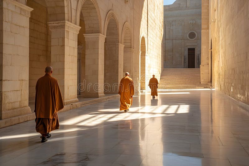 Three Monks Walking in Sunlit Monastery Hallway Stock Photo - Image of ...