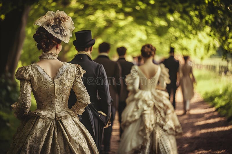 Victorian Era Gathering in Sunlit Forest Path with Elegant Attire Stock ...