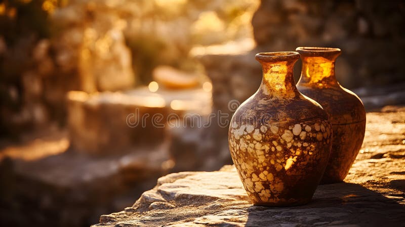 Ancient Clay Pots on Sunlit Stone Surface in Historic Setting Stock ...