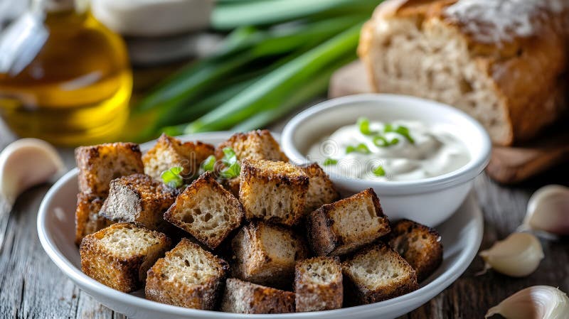 Crispy Rye Bread Croutons with Garlic Dip on Rustic Table Stock Photo ...