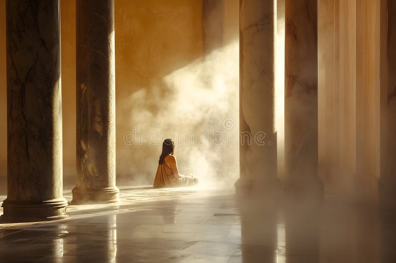 Female in Ancient Temple with Sunlight and Mist through Columns Stock ...