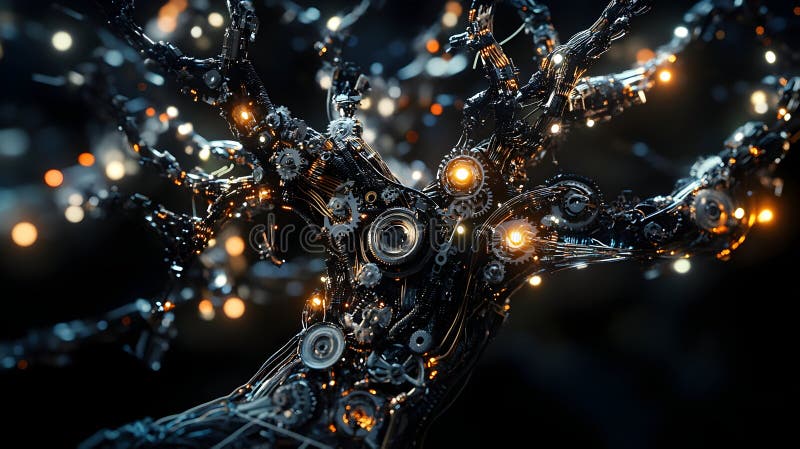 Futuristic Robotic Tree with Illuminated Gears and Circuits in Dark ...