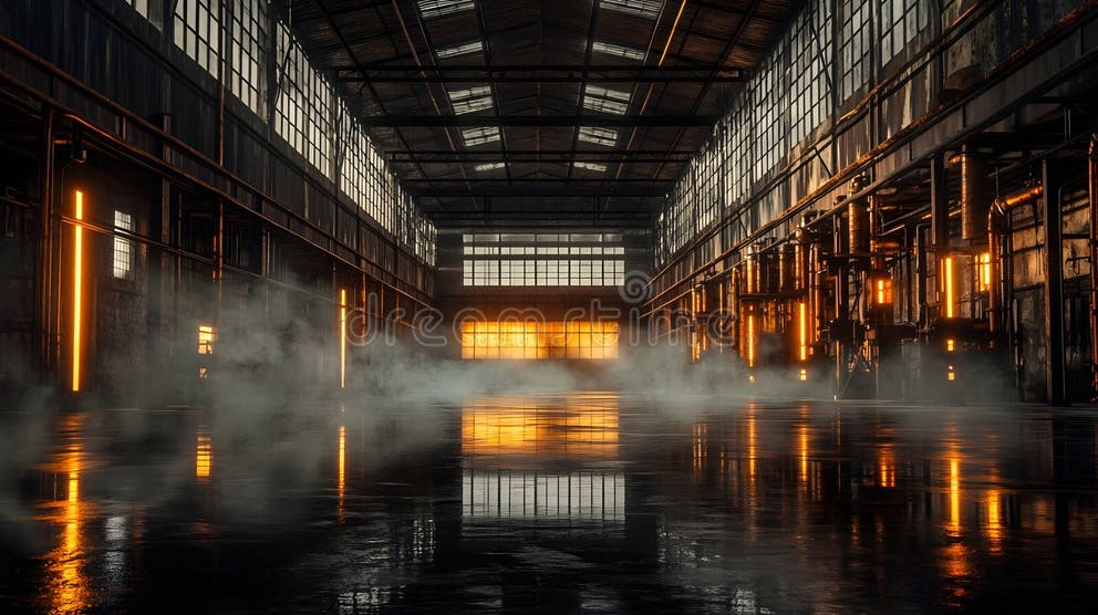 Industrial Warehouse Interior with Dramatic Lighting and Reflections ...