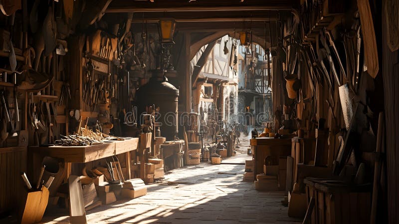 Medieval Blacksmith Workshop with Tools and Sunlit Archway Stock Image ...