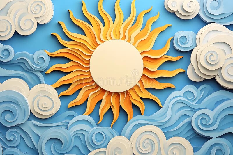 Paper Art Sun and Cloud Design with Blue Sky Background Stock Image ...