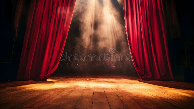 Red Curtains Open on a Dramatic Stage with Spotlight and Smoke Stock ...