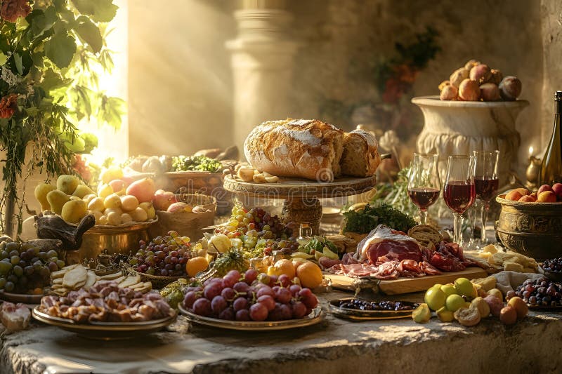 Rustic Feast with Bread, Fruits, and Wine in Sunlit Setting Stock Photo ...