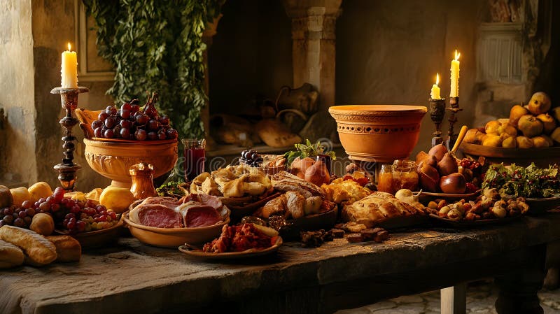 Rustic Medieval Feast with Various Dishes and Candles on Wooden Table ...