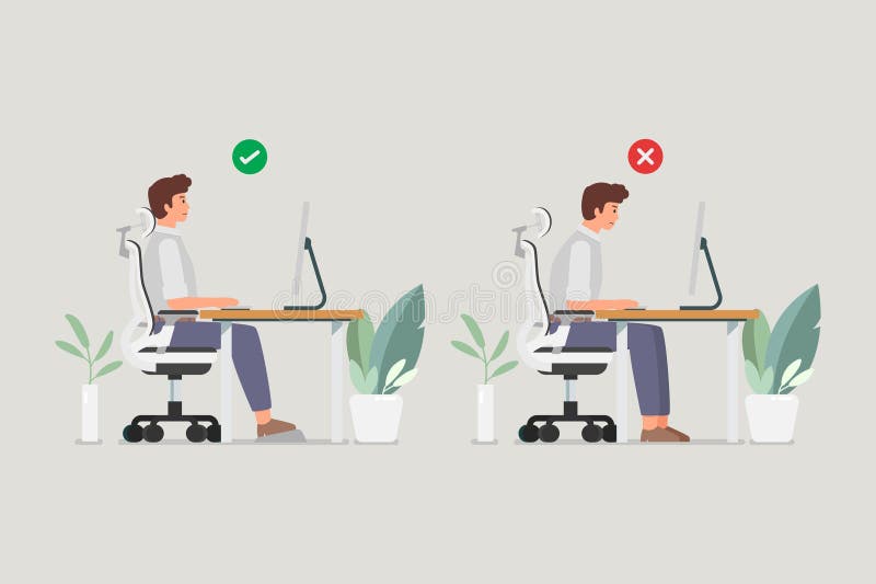 Good Position Vs Bad Incorrect Posture for Sitting at Computer Desk ...