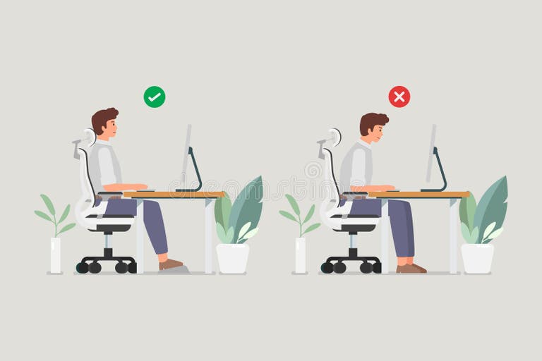 Good Position Vs Bad Incorrect Posture for Sitting at Computer Desk ...