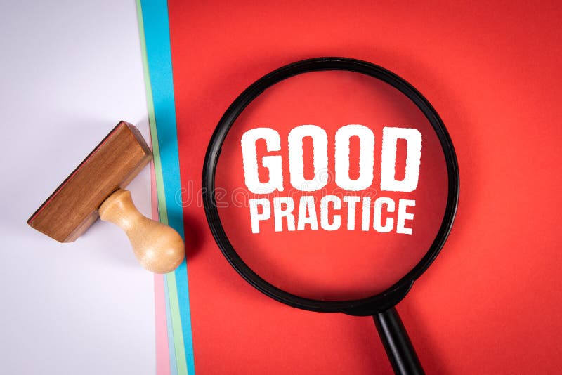 Good Practice. Magnifying Glass with Text on a Red Background Stock ...