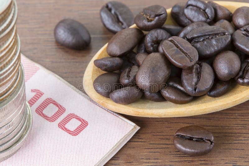 Good Quality Coffee Value To Spend Concept and Idea on Wooden Ta Stock ...