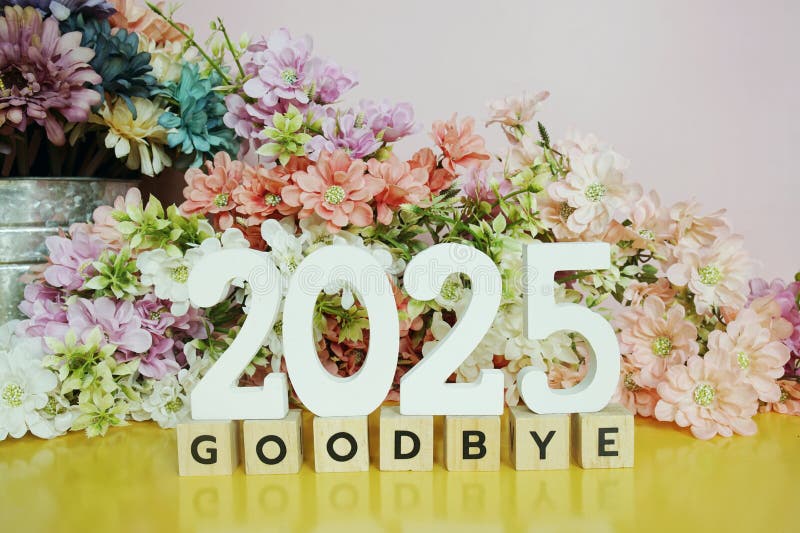 Goodbye 2025 Alphabet Letters with Flowers Blooming Bouquet on Yellow ...