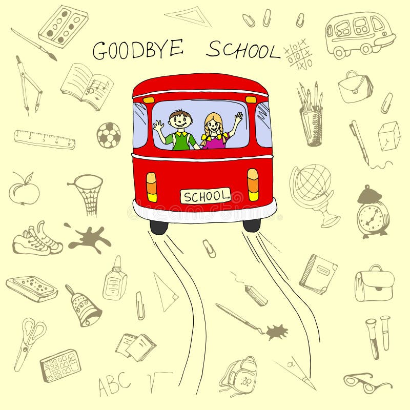 Goodbye School Concept, School Bus and Children in it with Hand Stock ...