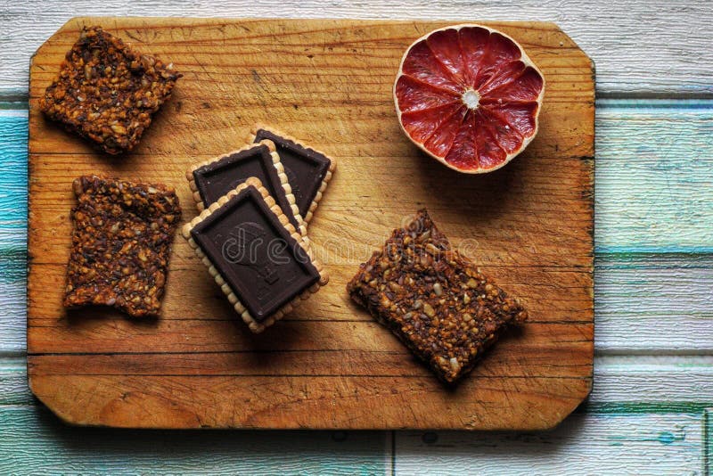 Goodies for Dessert on a Wooden Chopper Stock Photo - Image of texture ...