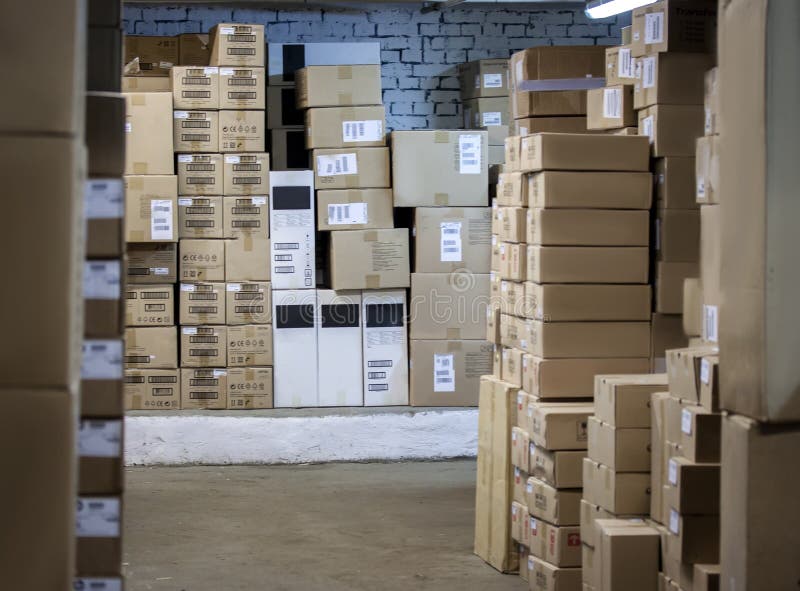 The Goods in the Boxes in the Warehouse are Stacked in Rows Close-up ...