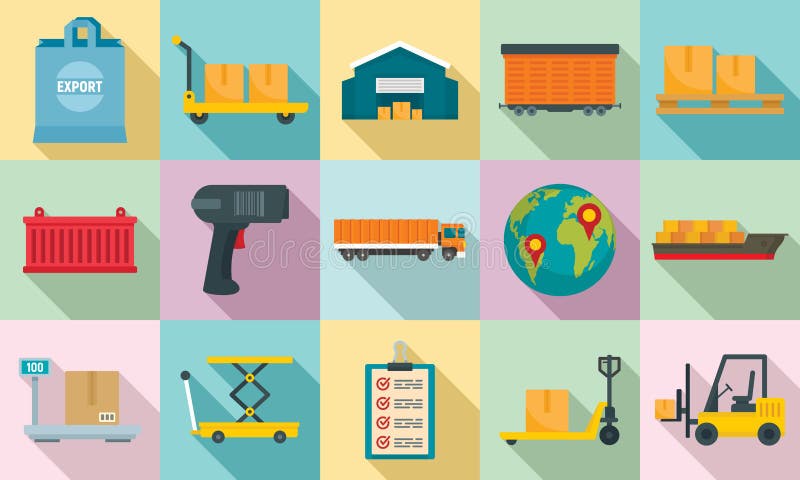 Goods Export Icons Set, Flat Style Stock Vector - Illustration of ...