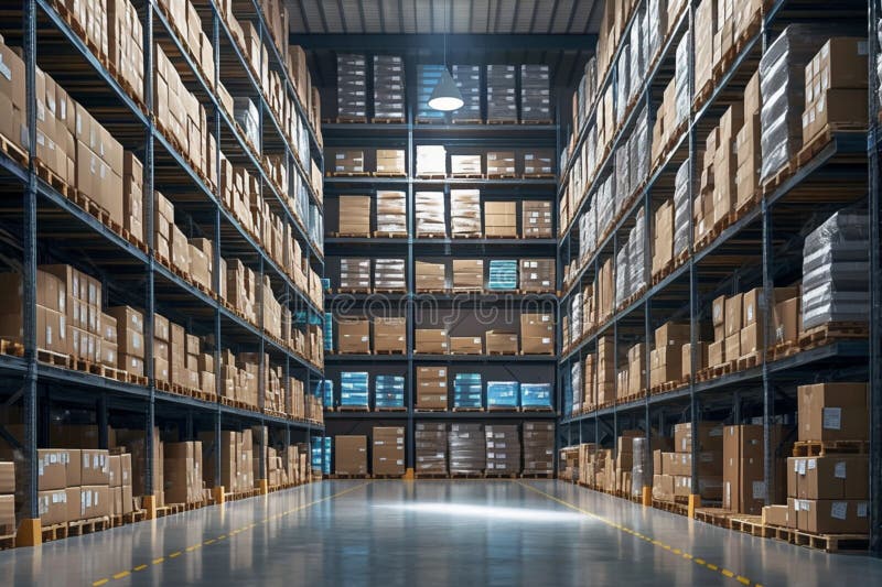 Goods Stacked on Shelves Fill Warehouse Space in Organized Manner Stock ...