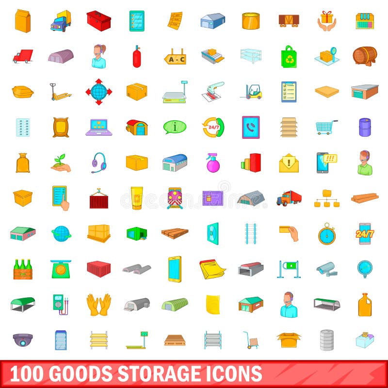 100 Goods Storage Icons Set, Cartoon Style Stock Vector - Illustration ...