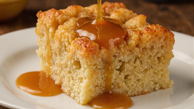 Gooey Butterscotch Sauce Drizzling on Warm Bread Pudding Stock Photo ...
