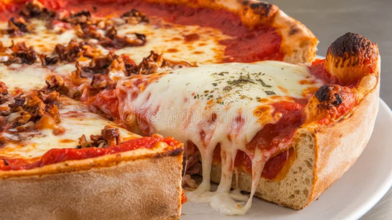 A Gooey Slice of Chicago-style Deep-dish Pizza with Melted Cheese Stock ...