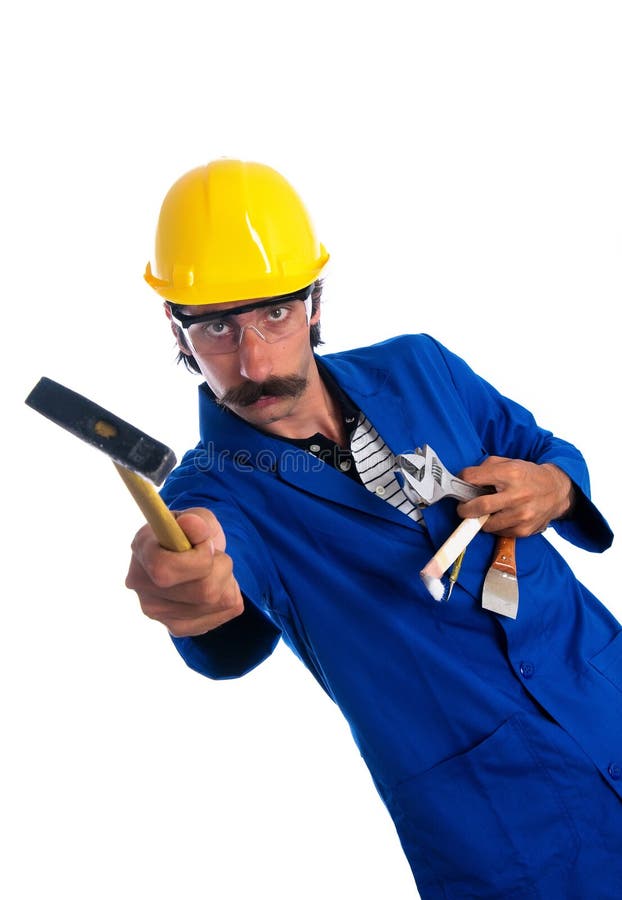 Goofy Construction Worker Showing His Tools Stock Photo - Image of hard ...