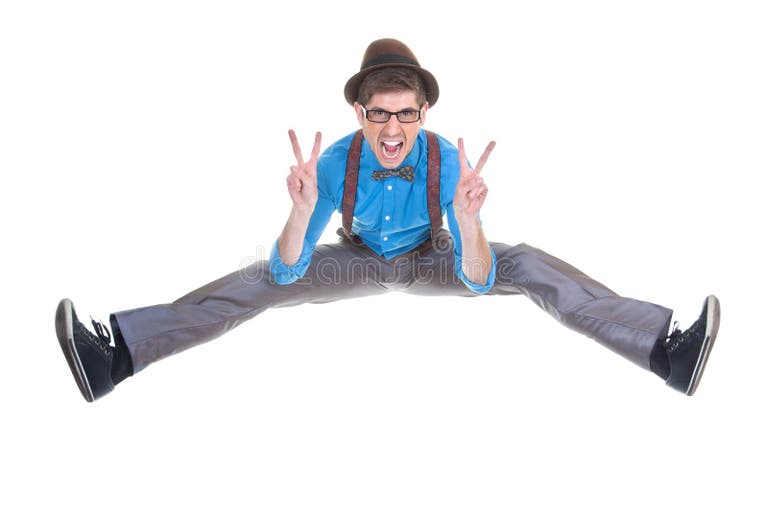 Goofy, Nerd Geek Jumping with V Sign Stock Photo - Image of carefree ...