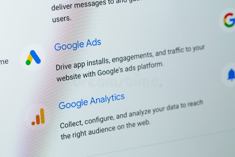 Google Ads, Analytics Website on Display Notebook Closeup Macro ...