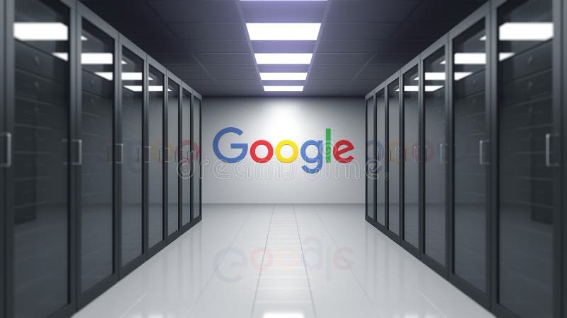 Google Logo on the Wall of the Server Room. Editorial 3D Animation ...