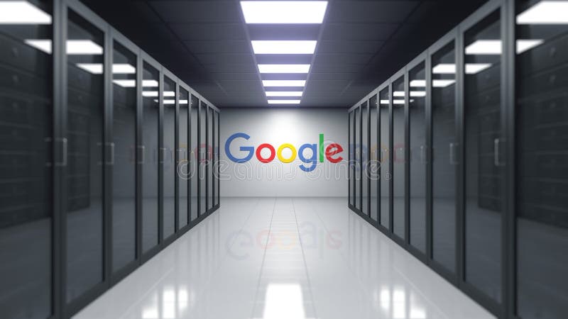 Google Logo on the Wall of the Server Room. Editorial 3D Rendering ...