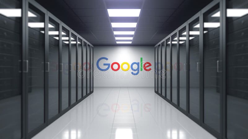 Google Logo on the Wall of the Server Room. Editorial 3D Rendering ...