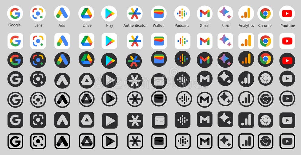 Google Products and Programs. Icons Set of Popular Applications with ...