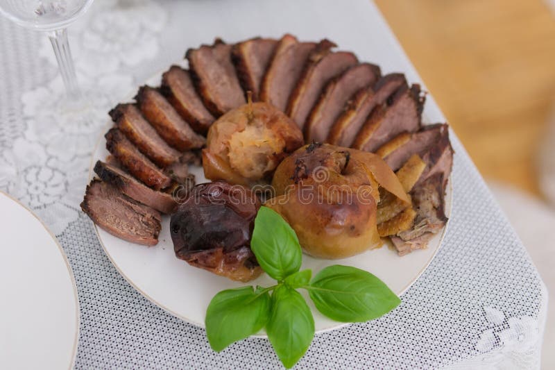 Goose with Apples Duck Eating Freshly Prepared Duck Breast with Glazed ...