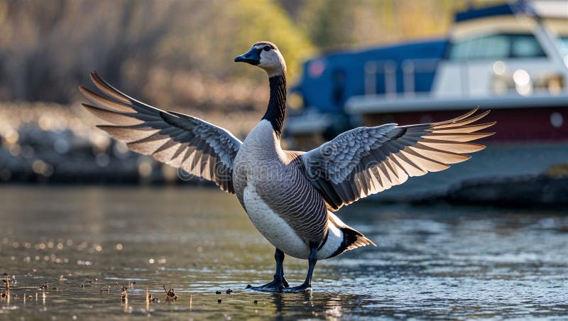 Goose Flapping Wings on Riverbank Near Boat Dock Stock Illustration ...