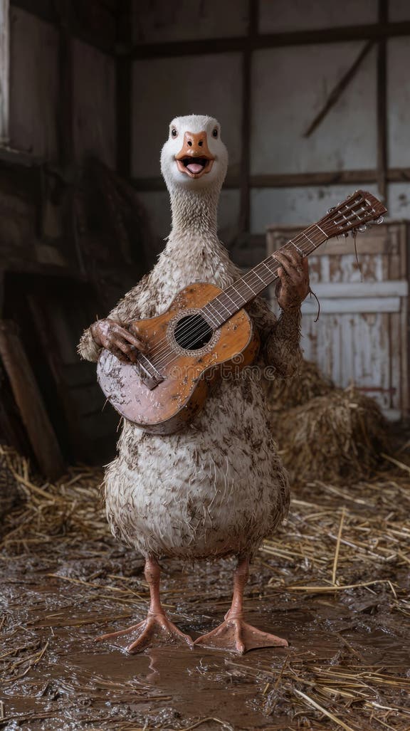 A Goose Joyfully Playing Guitar Inside a Charming Barn Setting in the ...