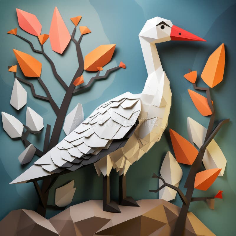 Eye-catching Perched Goose Paper Craft with Polygon Design on Tree ...