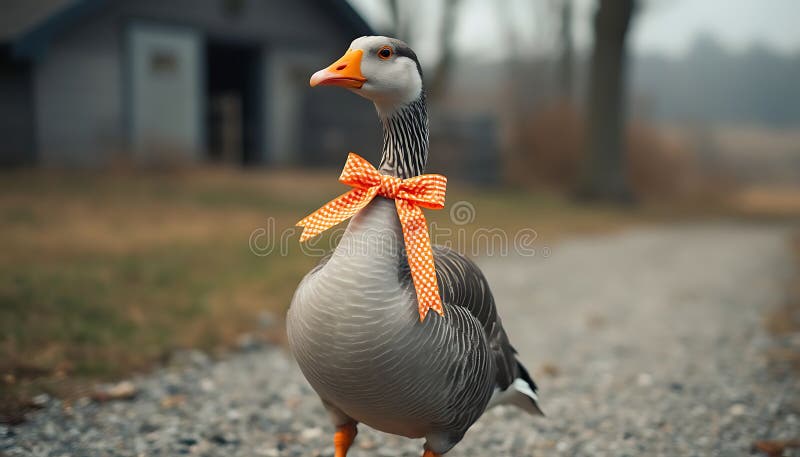 Goose Wearing Red Bow Standing on Pathway in Countryside Setting Stock ...
