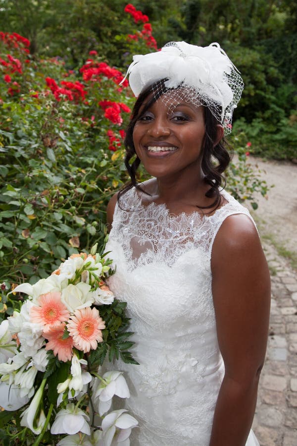 Gorgeous African American Bride Outside Posing and Smiling Stock Photo ...