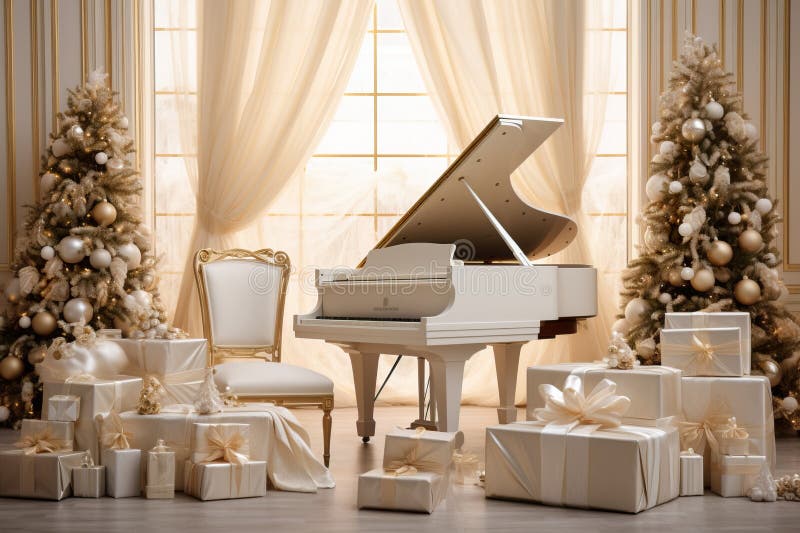 Gorgeous Backdrop with a Golden Piano and Festive Trees Stock ...