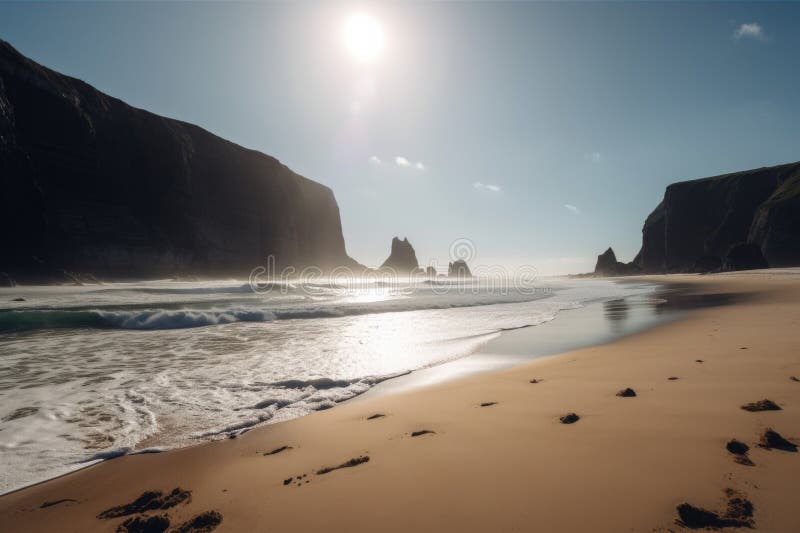 Gorgeous Beach with Towering Cliffs, Waves Rolling in, and the Sun ...