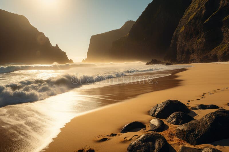 Gorgeous Beach with Towering Cliffs, Waves Rolling in, and the Sun ...