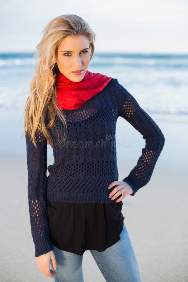 Gorgeous Blonde with Red Scarf Posing Stock Image - Image of peaceful ...