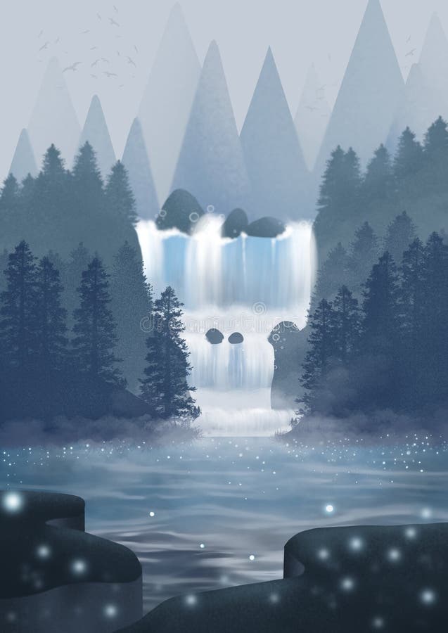 Gorgeous Blue Colored Illustration of a Waterfall Surrounded by a ...