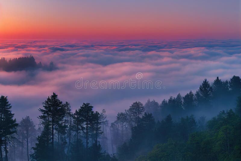 Gorgeous Bright Pink Sunset and Misty Forest. Stock Illustration ...