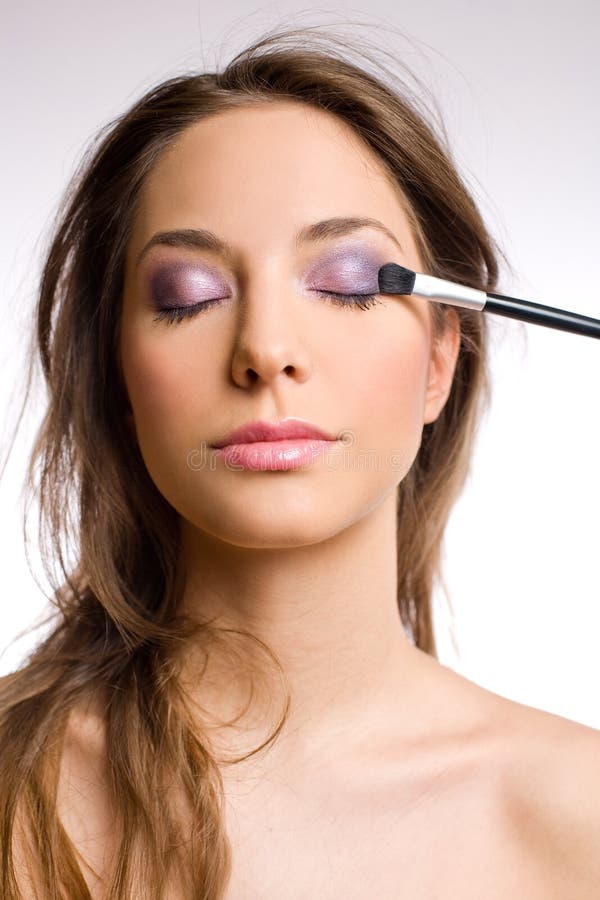 Gorgeous Brunette with Makeup Tools, Brushes. Stock Image - Image of ...