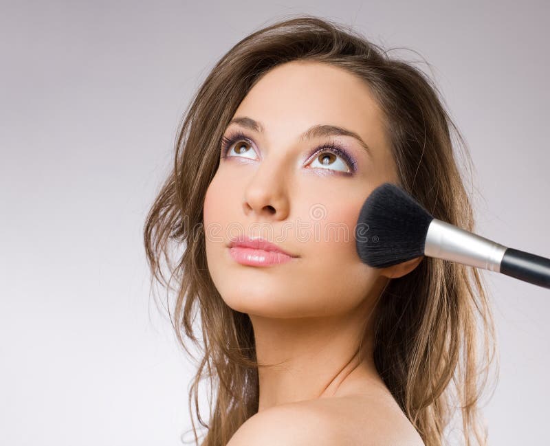 Gorgeous Brunette with Makeup Tools, Brushes. Stock Image - Image of ...