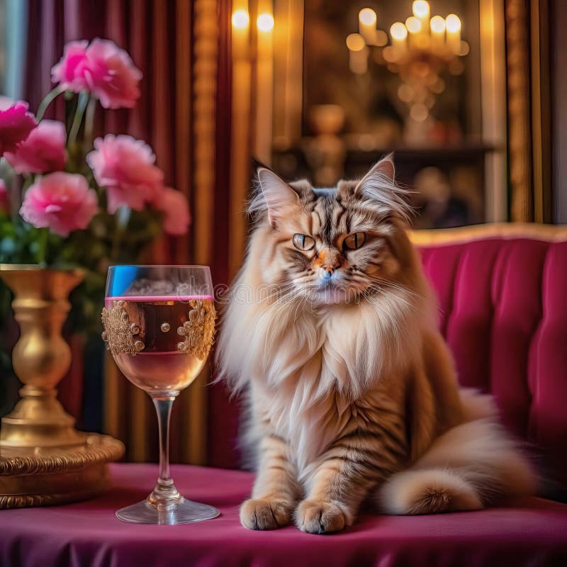 Gorgeous Cat in a Beautiful Interior with a Glass of Wine. Romance and ...