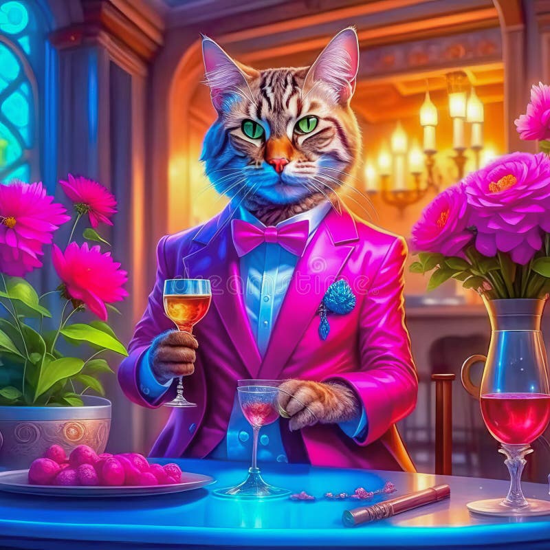 Gorgeous Cat In A Beautiful Interior With A Glass Of Wine Romance And Congratulations Stock