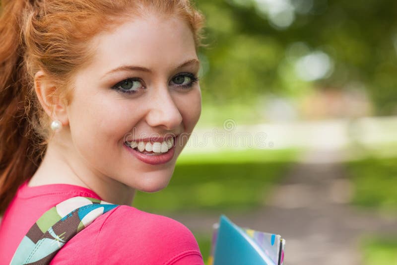 Gorgeous Cheerful Student Looking Up Stock Image - Image of long, lawn ...