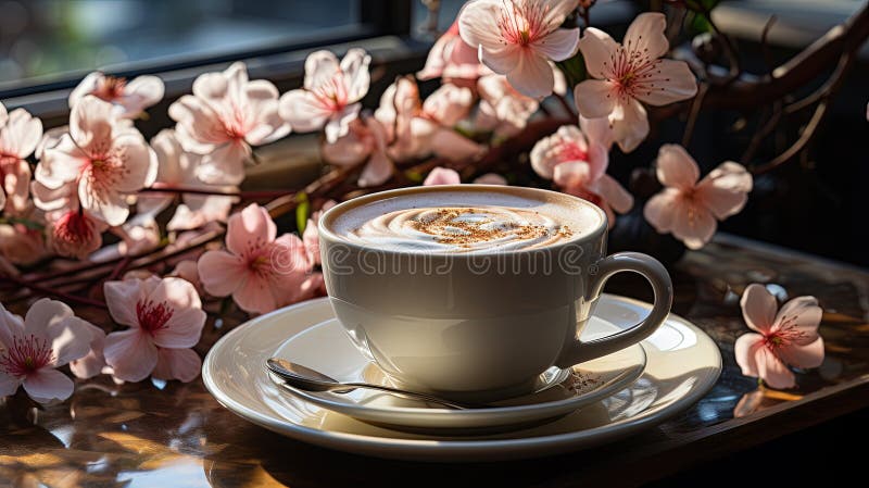 Gorgeous Cup of Coffee with Flower on the Table in the Morning Blurry ...